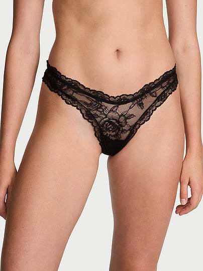 Victoria's Secret Very Sexy Rose Lace Overlay Thong Panty - Black
