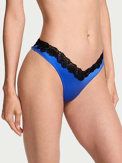 Victoria's Secret Very Sexy Rose Lace Overlay Thong Panty - Blue