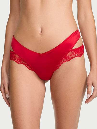 Victoria's Secret Very Sexy Rose Lace Denim Patch Thong Panty - Red