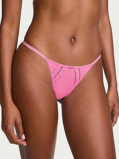 Victoria's Secret Cotton Lace-trim V-string Panty - Pink