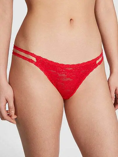 Pink Lace Strappy Thong Panty - Red