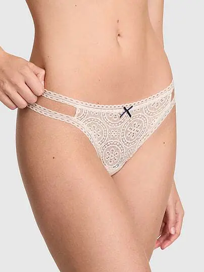 Pink Lace Strappy Thong Panty - White,ivory