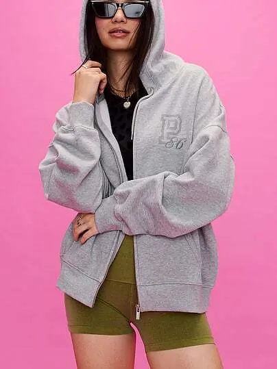 Pink Campus Fleece Full-zip Hoodie - Grey