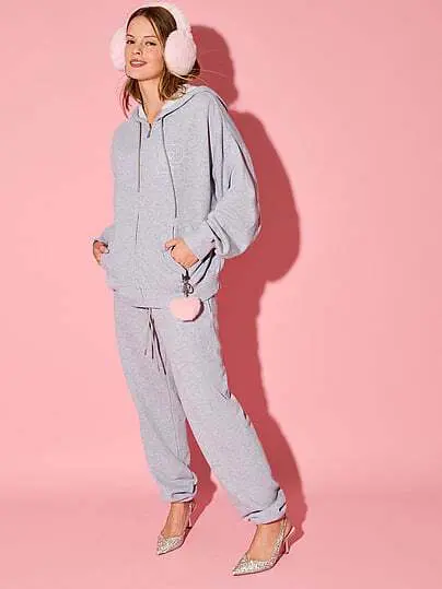 Pink Campus Fleece Full-zip Hoodie - Grey