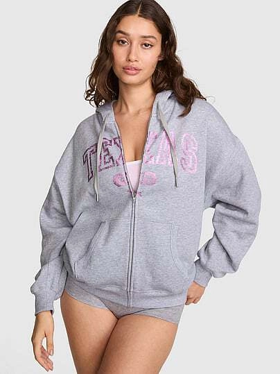 Pink Campus Fleece Full-zip Hoodie - Grey