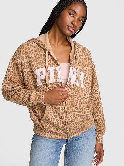 Pink Campus Fleece Full-zip Hoodie - Print