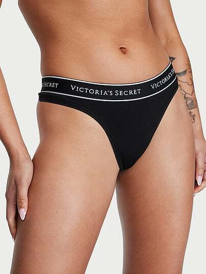 Victoria's Secret Cotton Logo Thong Panty - Black
