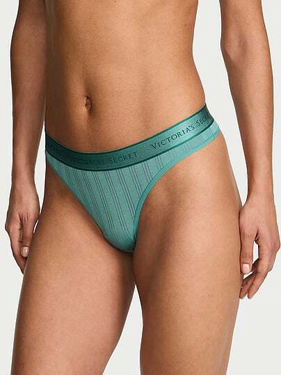 Victoria's Secret Cotton Logo Lace Patch Thong Panty - Blue