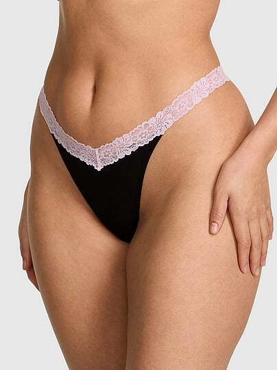 Pink Cotton High-leg Thong Panty - Black