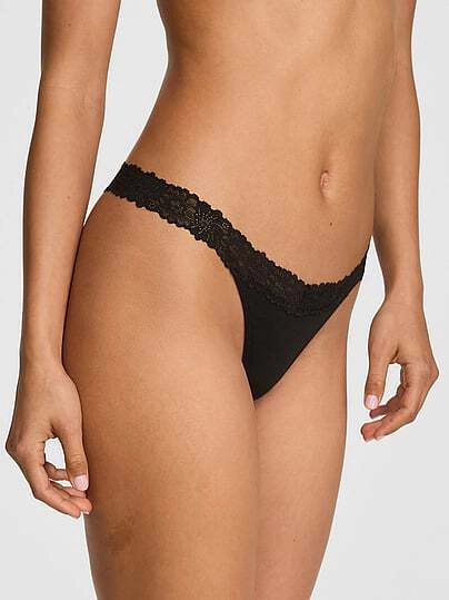 Pink Cotton Lace-trim Thong Panty - Black