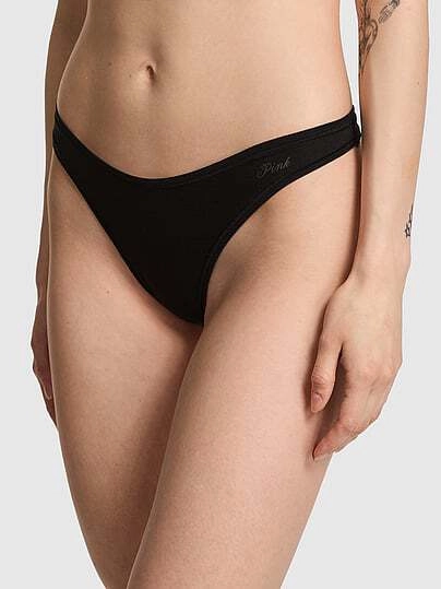 Pink Cotton Thong Panty - Black