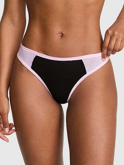 Pink Cotton Lace-trim Thong Panty - Black