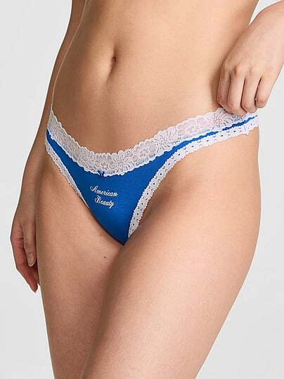 Pink Cotton Lace-trim Thong Panty - Blue
