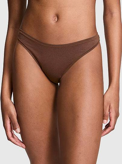 Pink Cotton Lace-trim Thong Panty - Brown