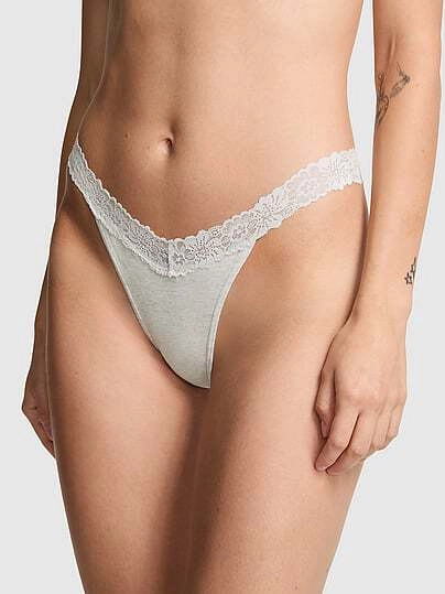 Pink Cotton Lace-trim Thong Panty - Grey