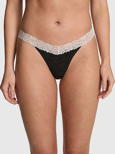 Pink Cotton Lace-trim Thong Panty - Grey