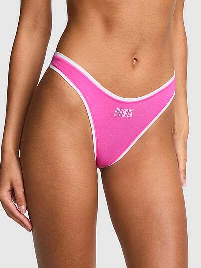 Pink Cotton Lace-trim Thong Panty - Pink