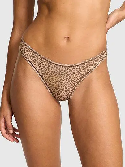 Pink Cotton Lace-trim High-leg Thong Panty - Print