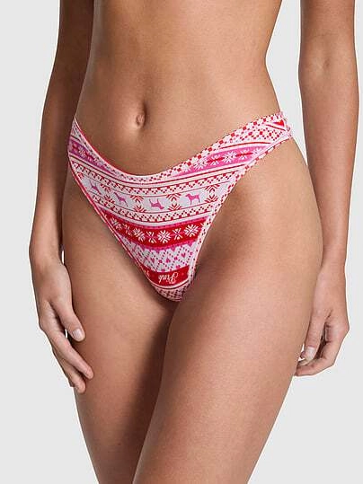 Pink Cotton High-leg Thong Panty - Print