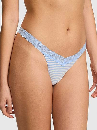 Pink Cotton Lace-trim Thong Panty - Print