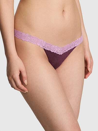 Pink Cotton Lace-trim High-leg Thong Panty - Red