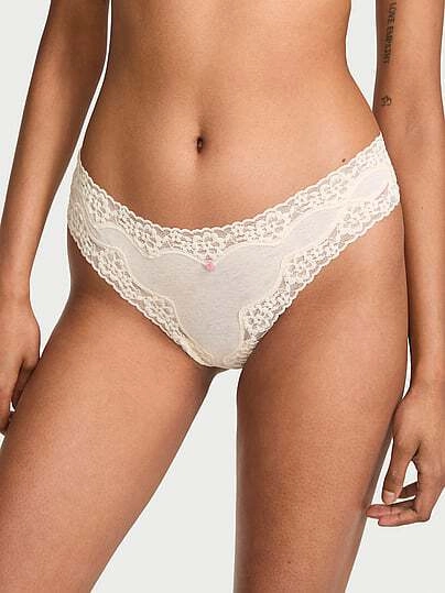 Victoria's Secret Lace Trim Cotton Lace-waist Thong - Beige