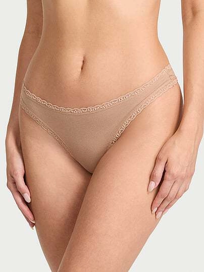 Victoria's Secret Lace Trim Cotton Lace-trim Thong Panty - Beige