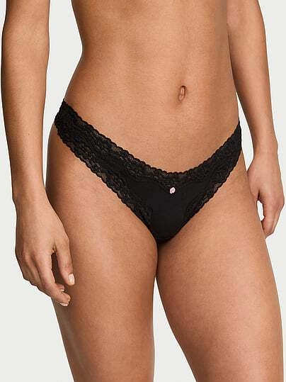 Victoria's Secret Lace Trim Cotton Shadow Stripe Lace-waist Thong Panty - Black