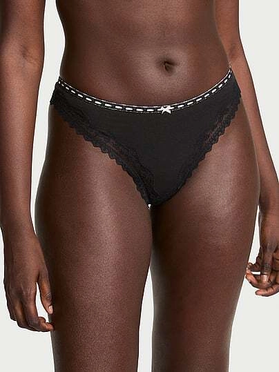 Victoria's Secret Lace Trim Cotton Lace-waist Thong Panty - Black