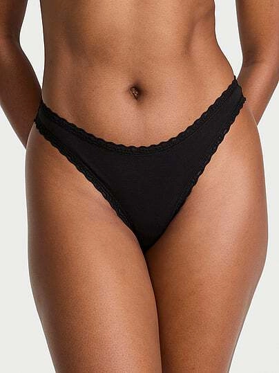 Victoria's Secret Lace Trim Cotton Bow Lace-trim Thong Panty - Black