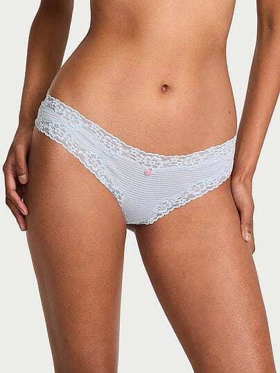 Victoria's Secret Lace Trim Cotton Shadow Stripe Lace-waist Thong Panty - Blue