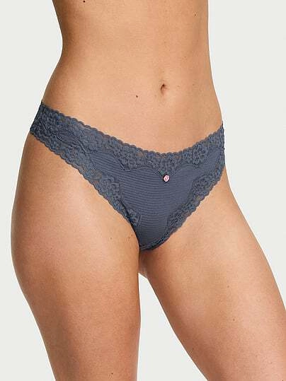 Victoria's Secret Lace Trim Cotton Lace-waist Thong - Blue