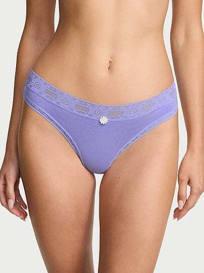 Victoria's Secret Lace Trim Cotton Lace-waist Thong - Blue