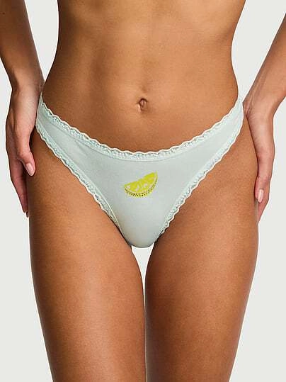 Victoria's Secret Lace Trim Cotton Shadow Stripe Lace-waist Thong Panty - Blue