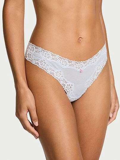 Victoria's Secret Lace Trim Cotton Lace-waist Thong Panty - Blue