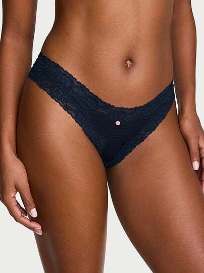Victoria's Secret Lace Trim Cotton Lace-waist Thong Panty - Blue