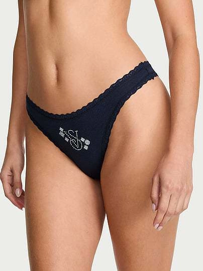 Victoria's Secret Lace Trim Cotton Lace-waist Thong Panty - Blue