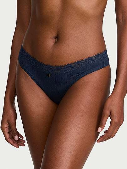 Victoria's Secret Lace Trim Cotton Pointelle Lace-trim Thong Panty - Blue