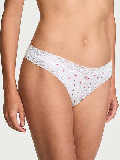 Victoria's Secret Lace Trim Cotton Shadow Stripe Lace-waist Thong Panty - Floral