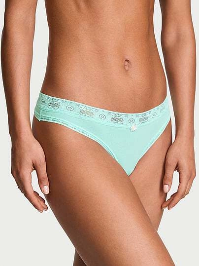 Victoria's Secret Lace Trim Cotton Shadow Stripe Lace-waist Thong Panty - Green