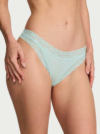 Victoria's Secret Lace Trim Cotton Lace-waist Thong Panty - Green