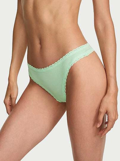 Victoria's Secret Lace Trim Cotton Pointelle Lace-trim Thong Panty - Green