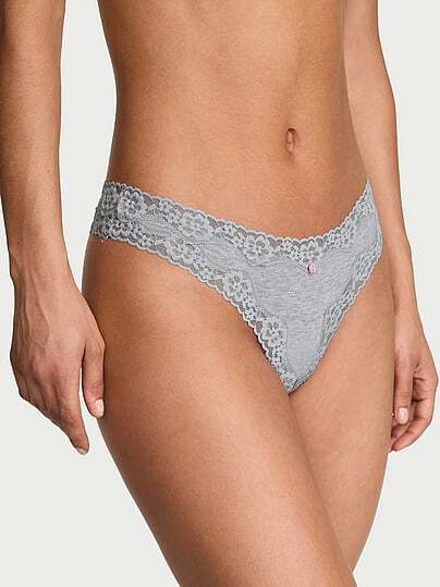 Victoria's Secret Lace Trim Cotton Lace-waist Thong Panty - Grey