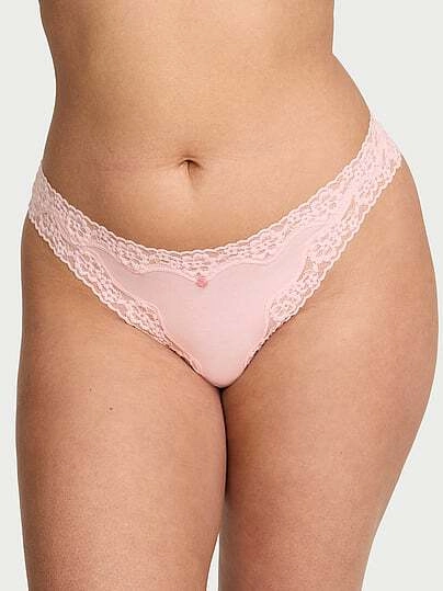 Victoria's Secret Lace Trim Cotton Shadow Stripe Lace-waist Thong Panty - Pink