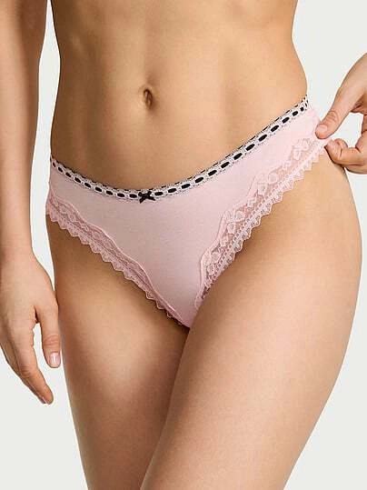 Victoria's Secret Lace Trim Cotton Lace-trim Thong Panty - Pink