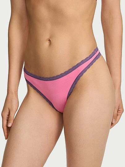 Victoria's Secret Lace Trim Cotton Lace-waist Thong Panty - Pink