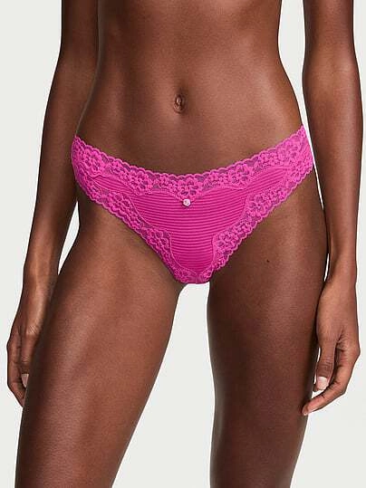 Victoria's Secret Lace Trim Cotton Lace-waist Thong Panty - Pink