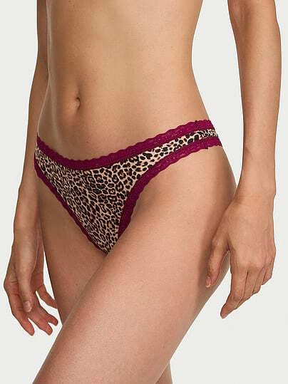 Victoria's Secret Lace Trim Cotton Lace-waist Thong Panty - Print
