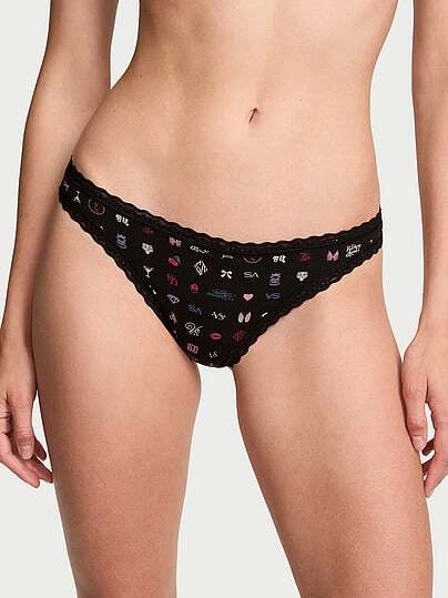 Victoria's Secret Lace Trim Cotton Lace-waist Thong Panty - Print