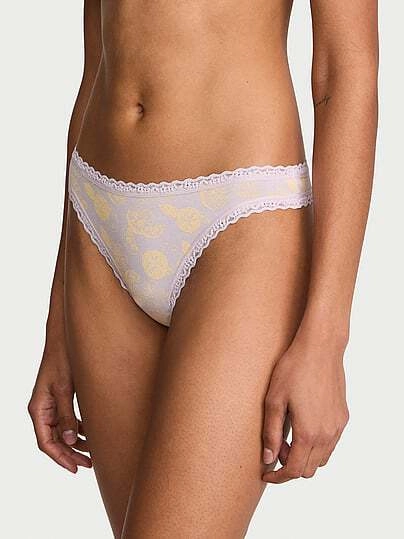 Victoria's Secret Lace Trim Cotton Lace-waist Thong Panty - Print